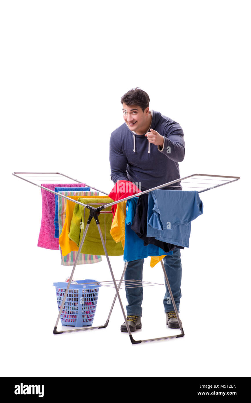 Husband man doing laundry isolated on white Stock Photo - Alamy