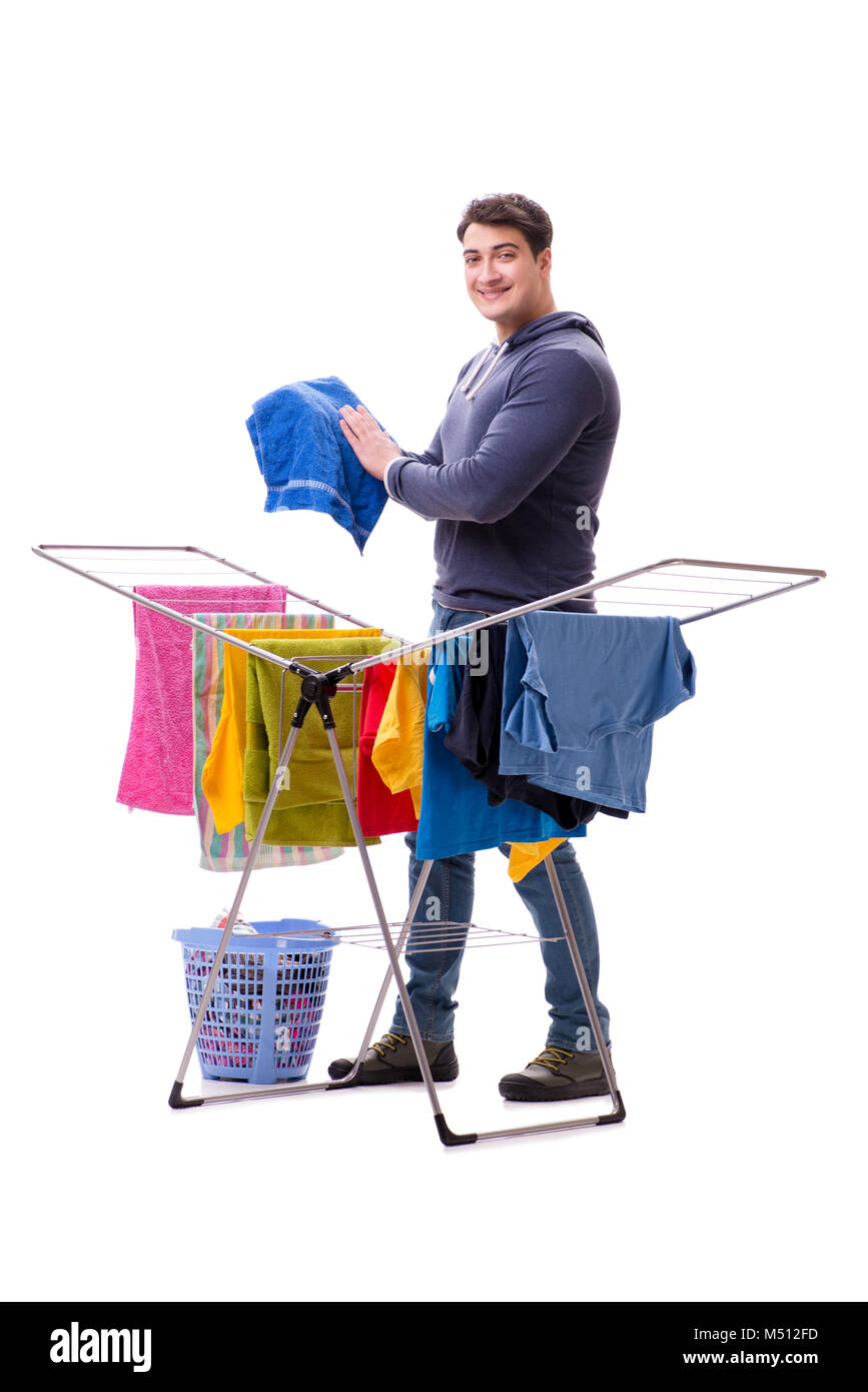 Husband man doing laundry isolated on white Stock Photo - Alamy