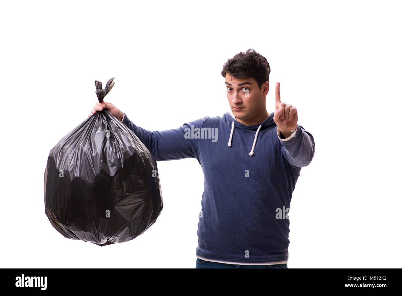 Man with garbage sack isolated on white Stock Photo - Alamy