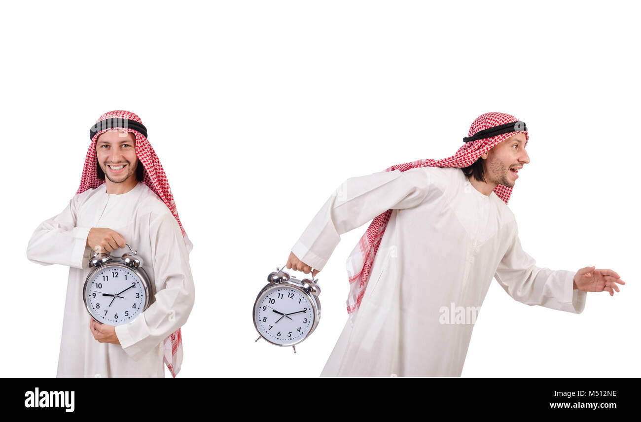 Arab man in time concept on white Stock Photo - Alamy