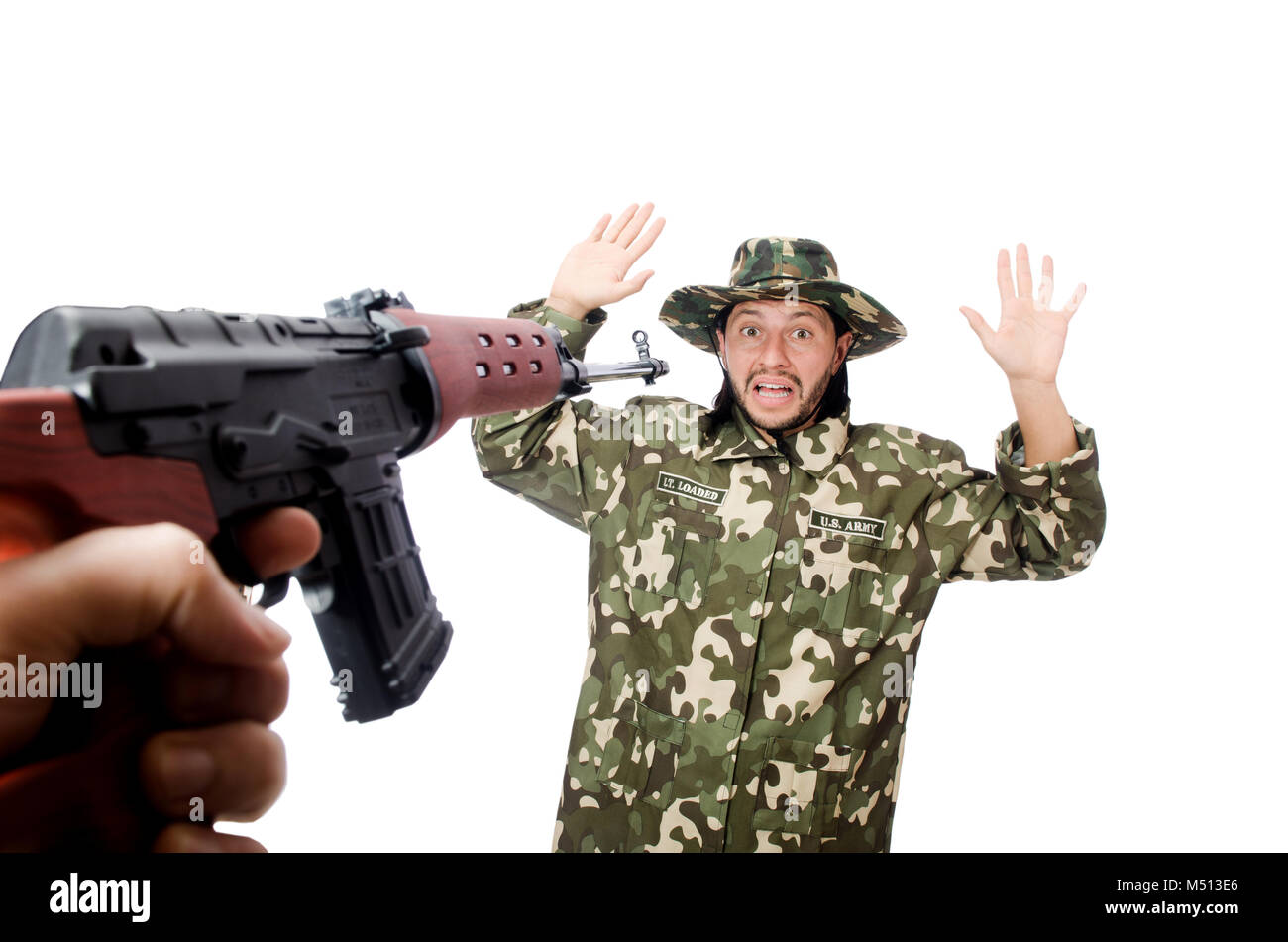 Soldier with weapons isolated on white Stock Photo - Alamy