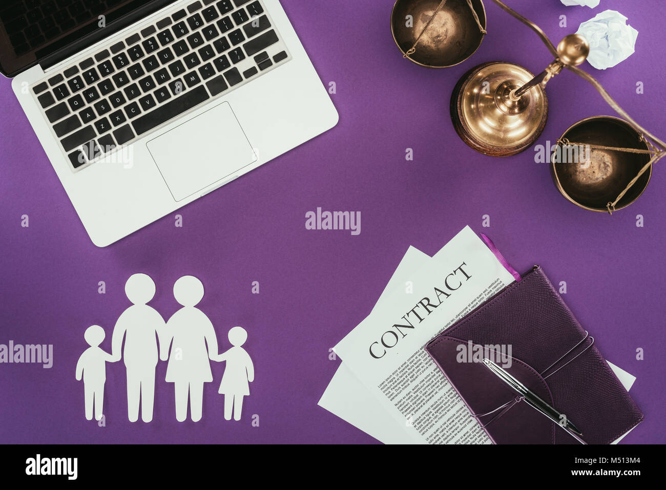 top view of business workplace with family insurance concept on purple ...