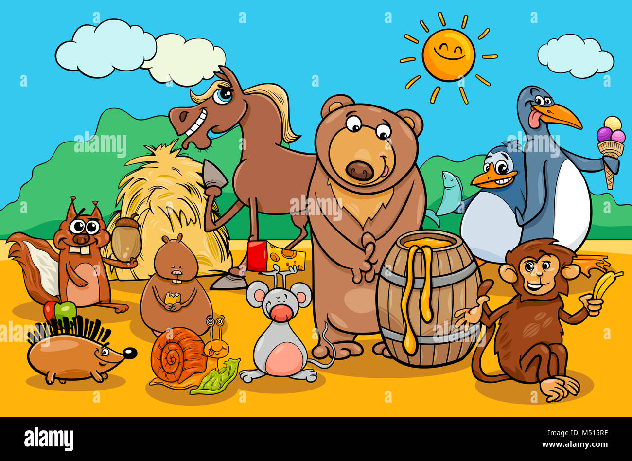 animals and food cartoon group Stock Photo - Alamy