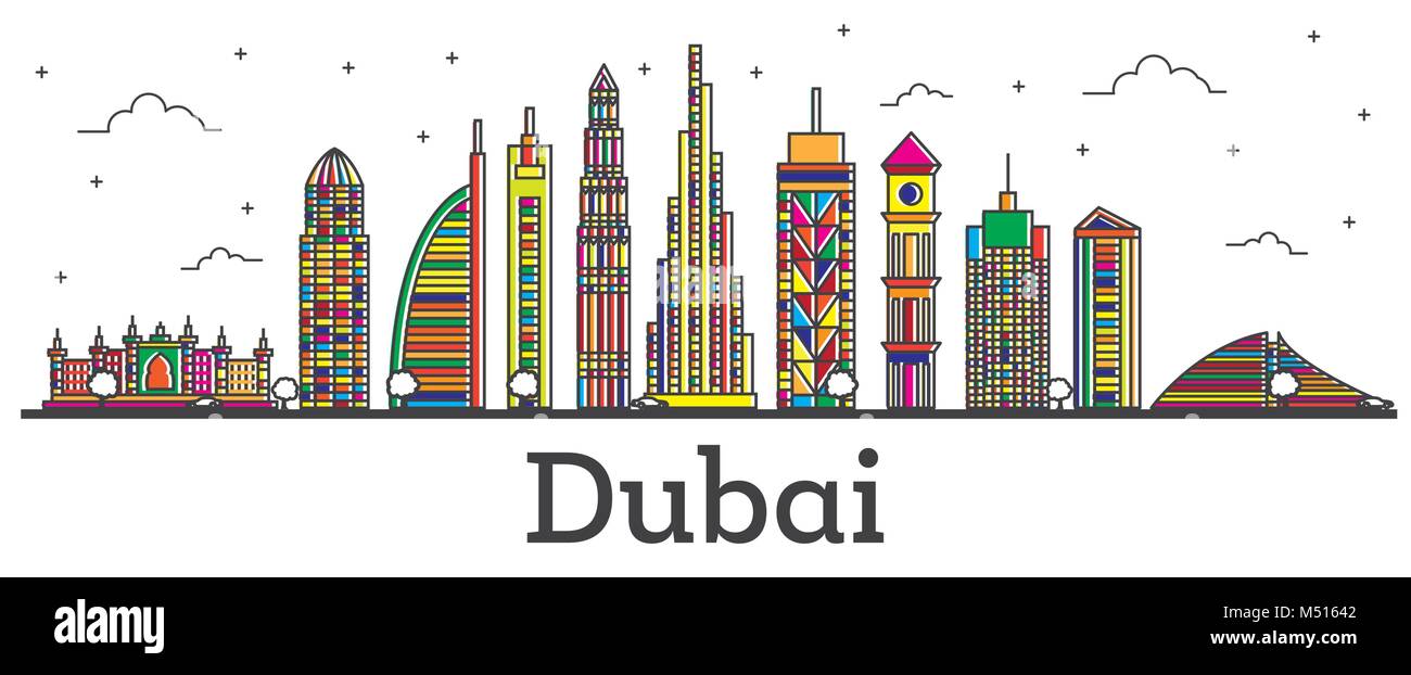 Outline Dubai UAE City Skyline with Color Buildings Isolated on White ...
