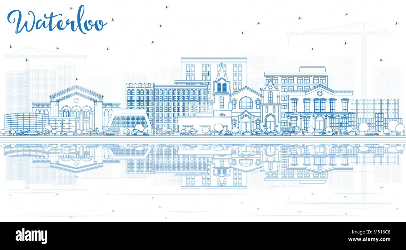 Outline Waterloo Iowa USA City Skyline with Blue Buildings and ...