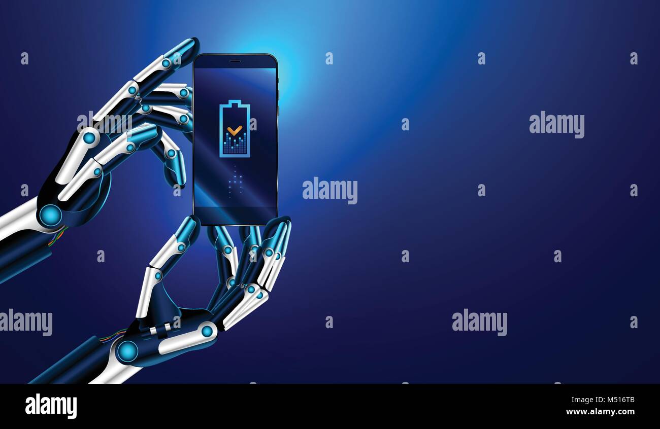 The robot advertise smart phone. Robot hands holding a smart phone and ...