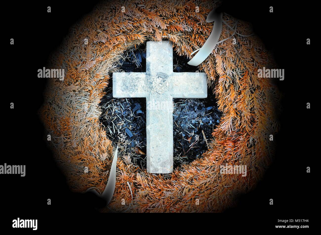 Cross in dry wreath with black vignette Stock Photo - Alamy