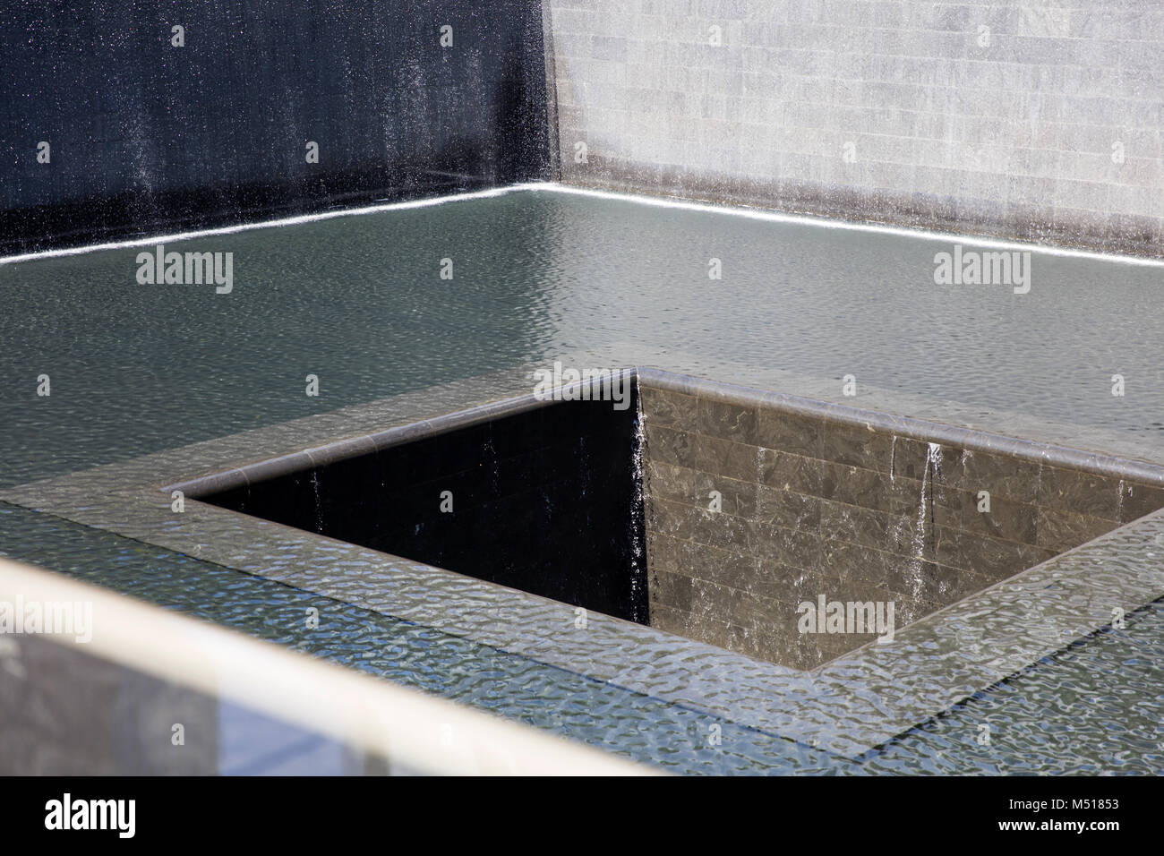 Detail of the memorial waterfalls in World trade center site, New York ...