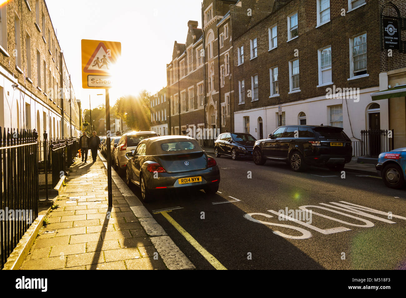 London, ENGLAND - October 25 2017: Traffic sign - School warning sign ...