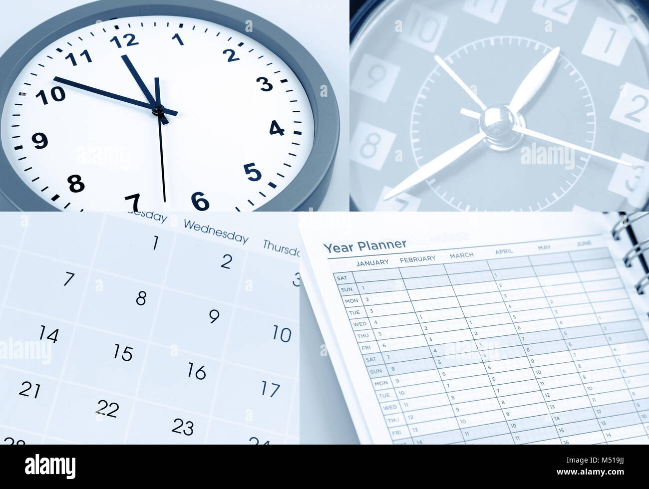 Clocks, calendar and year planner. Time management Stock Photo - Alamy