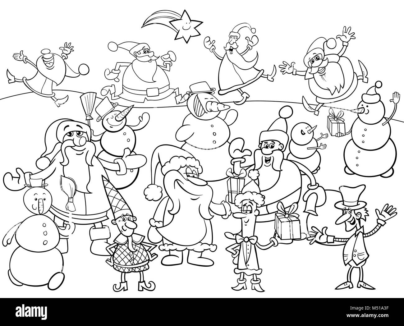 Christmas characters group coloring book Stock Photo - Alamy