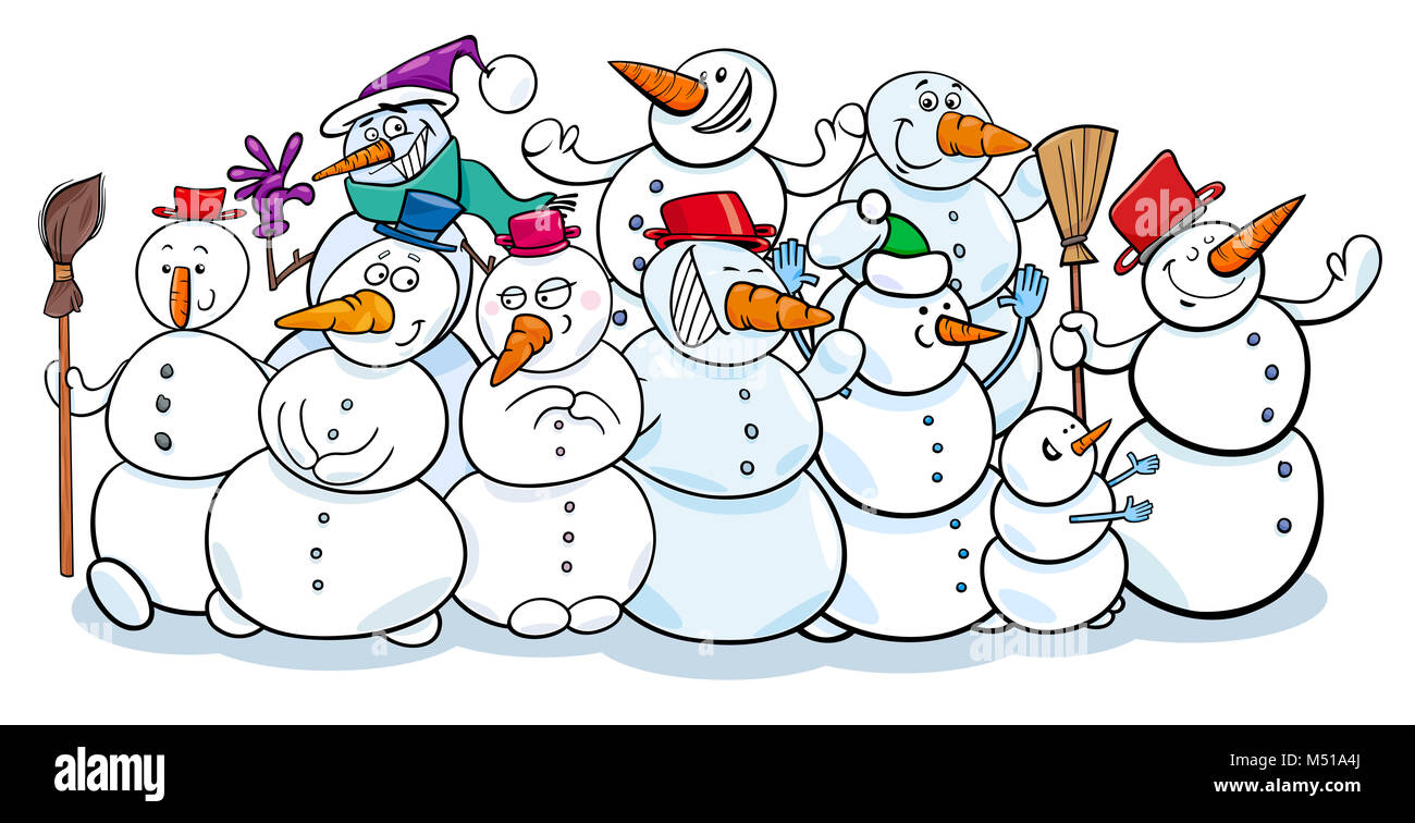 happy snowmen group cartoon illustration Stock Photo - Alamy