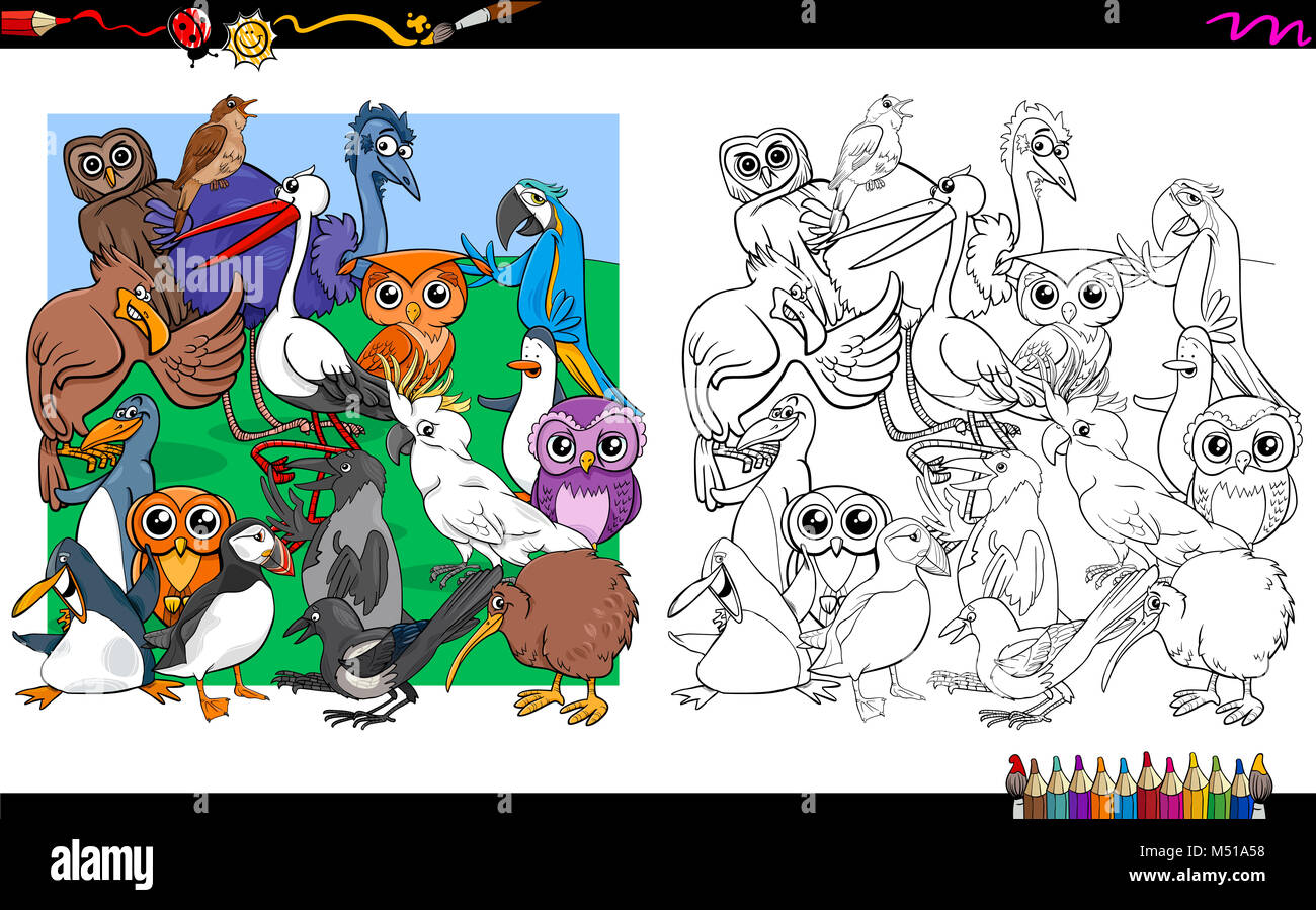 bird characters group coloring book Stock Photo - Alamy