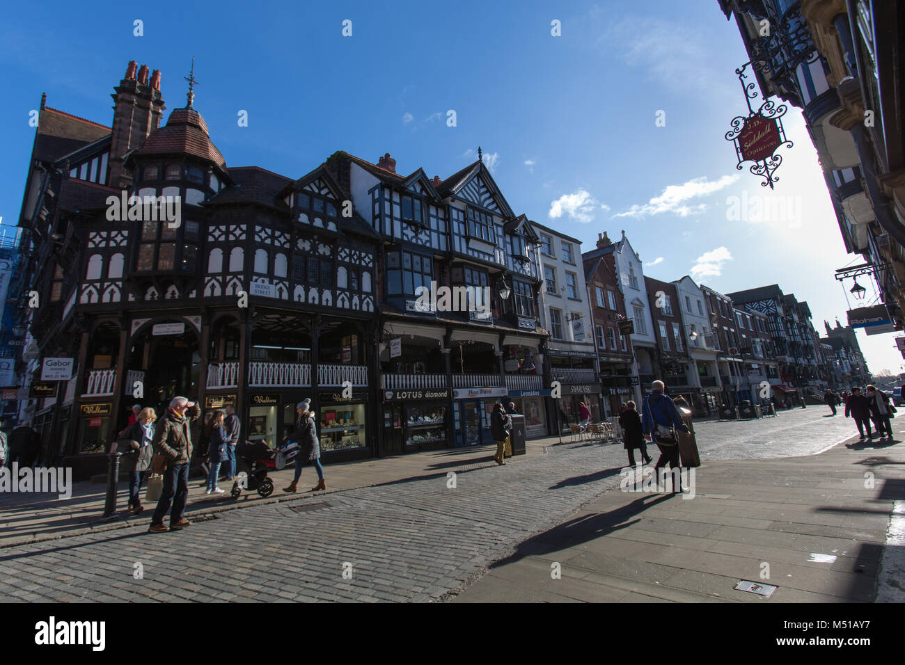 City of Chester, England. Picturesque view of Chester’s Rows, shops and ...