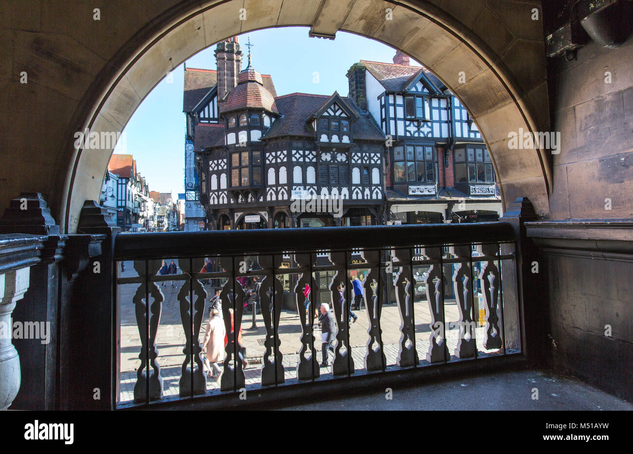 City of Chester, England. Picturesque view of Chester’s Rows, shops and ...