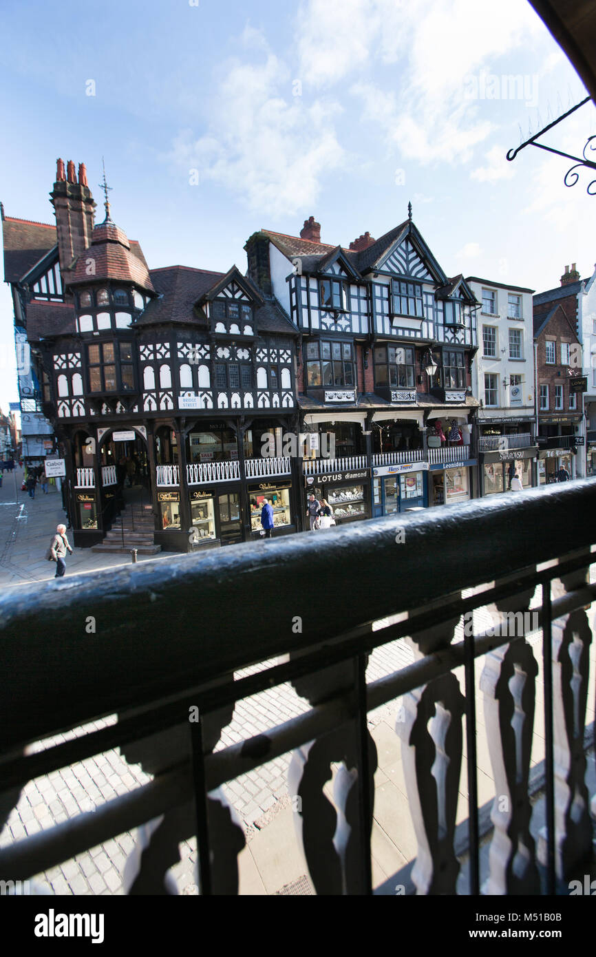 City of Chester, England. Picturesque view of Chester’s Rows, shops and ...