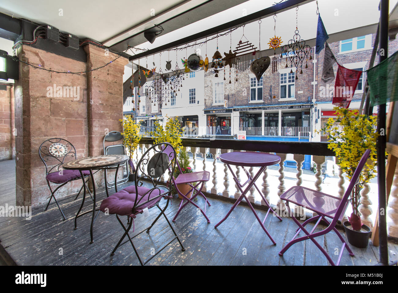 City of Chester, England. Picturesque view of a café on Bridge Street ...