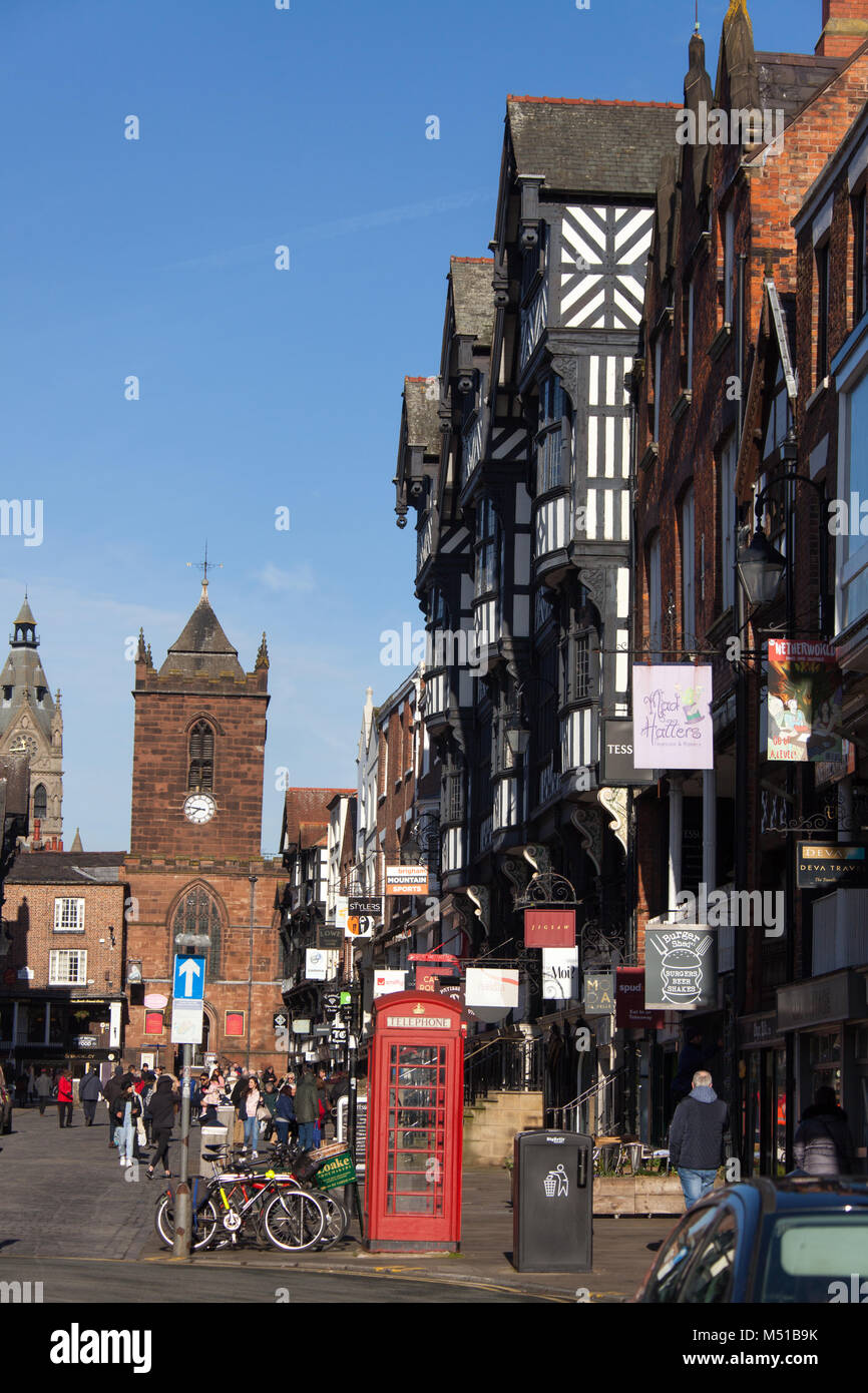 City of Chester, England. Picturesque view of Chester’s Bridge Street ...