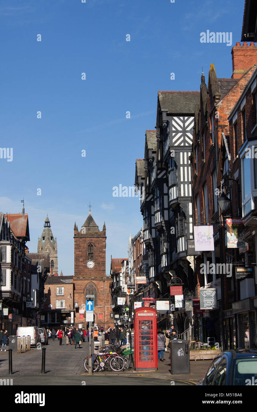 City of Chester, England. Picturesque view of Chester’s Bridge Street ...