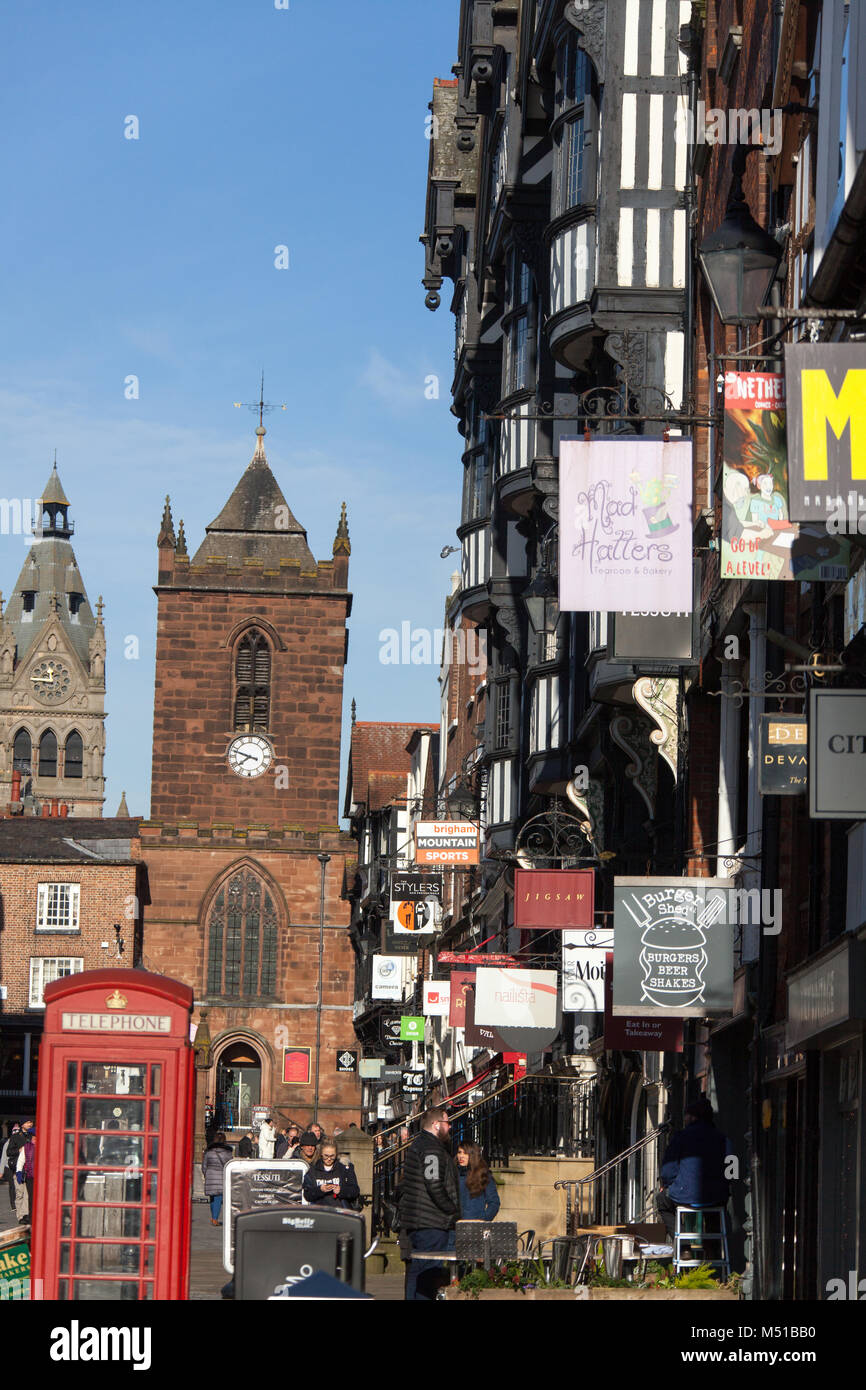 City of Chester, England. Picturesque view of Chester’s Bridge Street ...