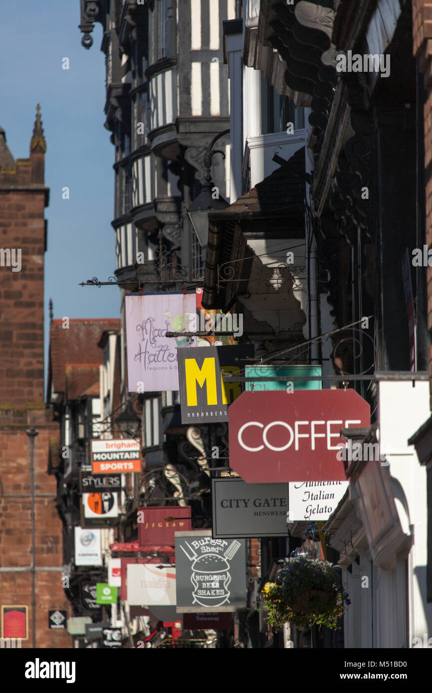 City of Chester, England. Picturesque view of shop signs on Chester’s ...