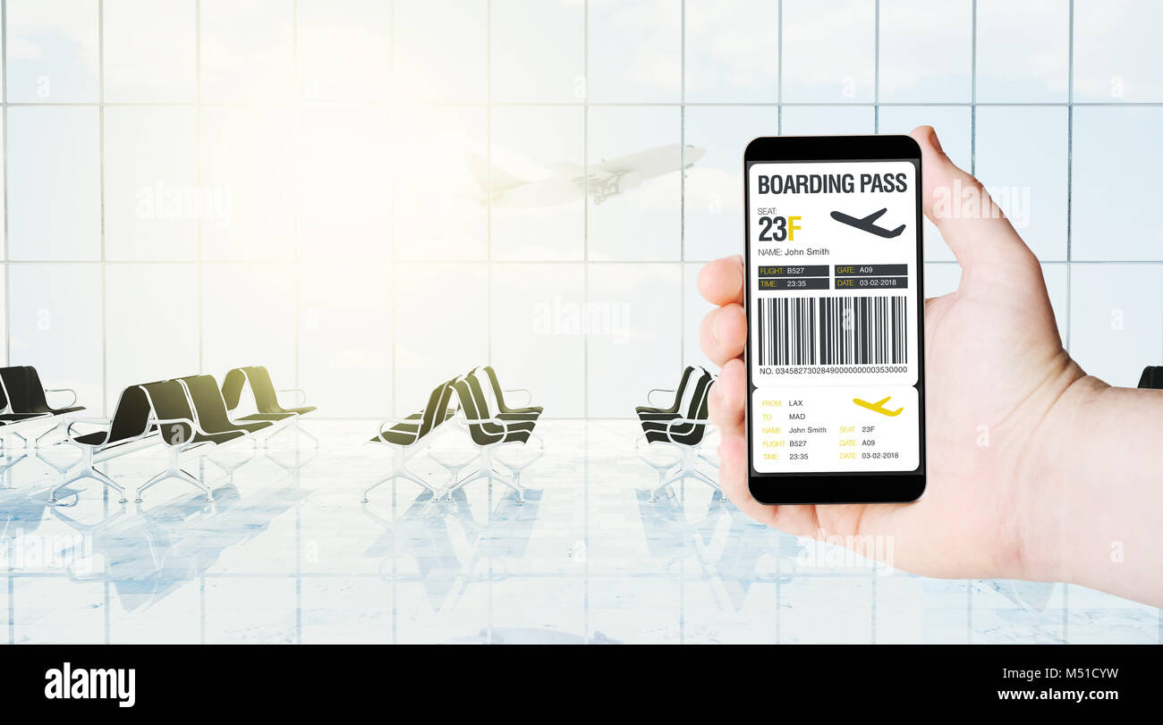 smartphone with boarding pass with airport lounge background Stock ...
