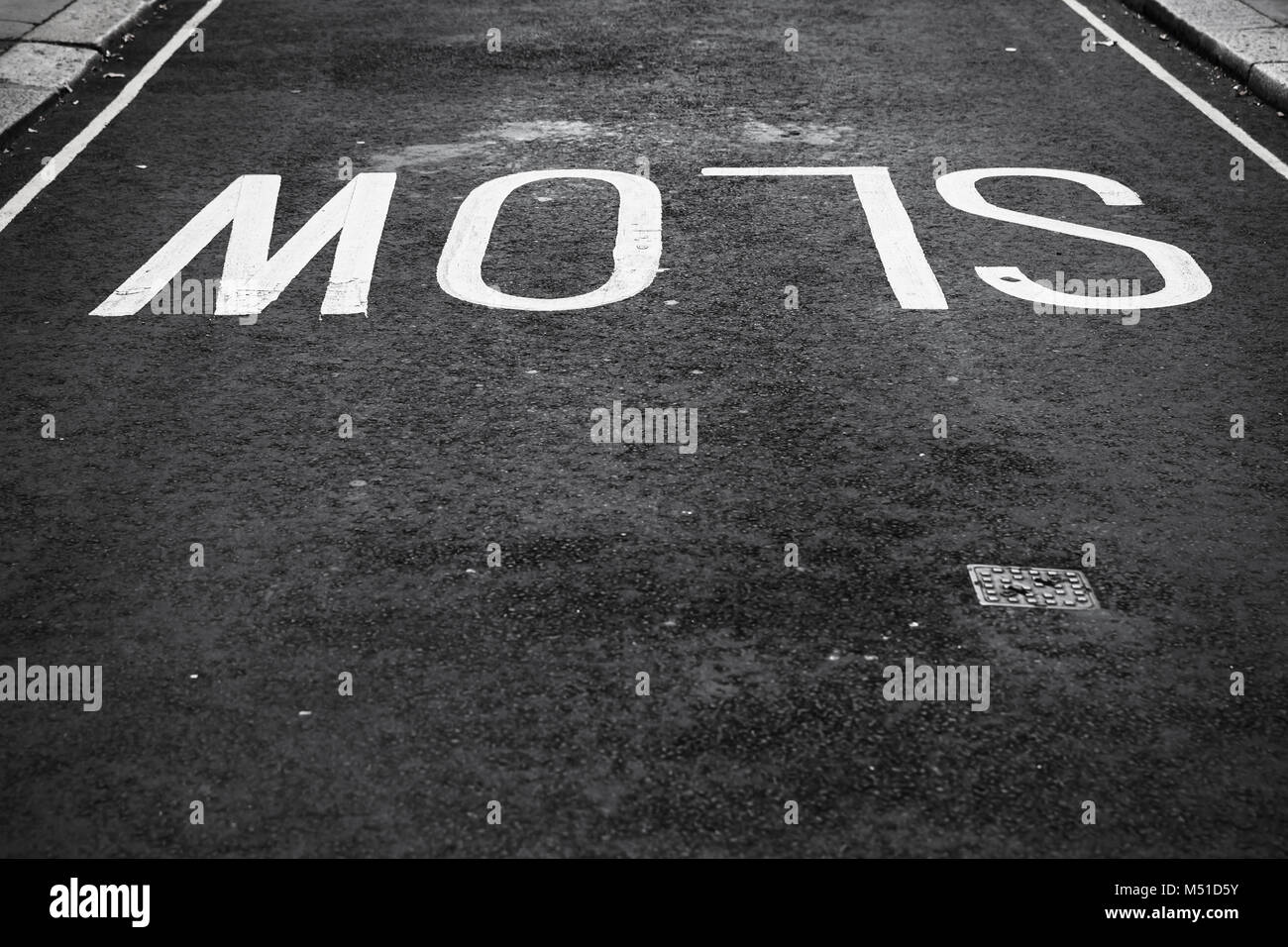 Slow, white text road marking over black urban asphalt pavement ...