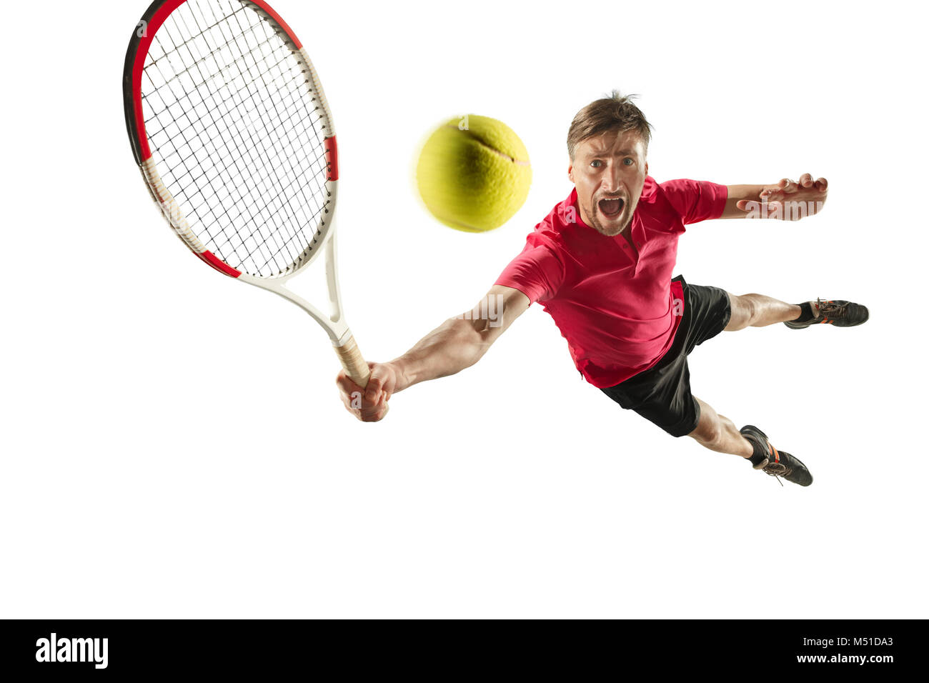 one caucasian man playing tennis player isolated on white background ...