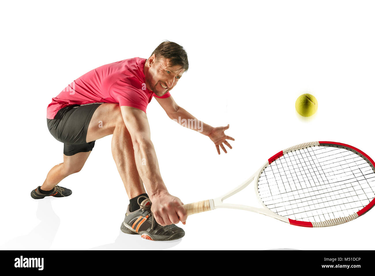 one caucasian man playing tennis player isolated on white background ...