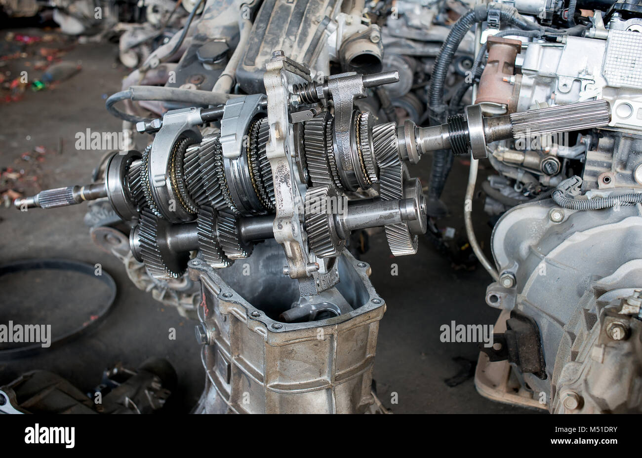 Used and old car engine gear in the recycle garage for sale photo with ...