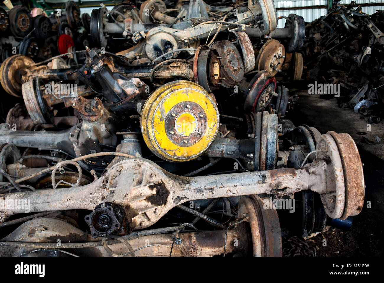 Used and old car wheel axle in the recycle garage for sale photo with ...