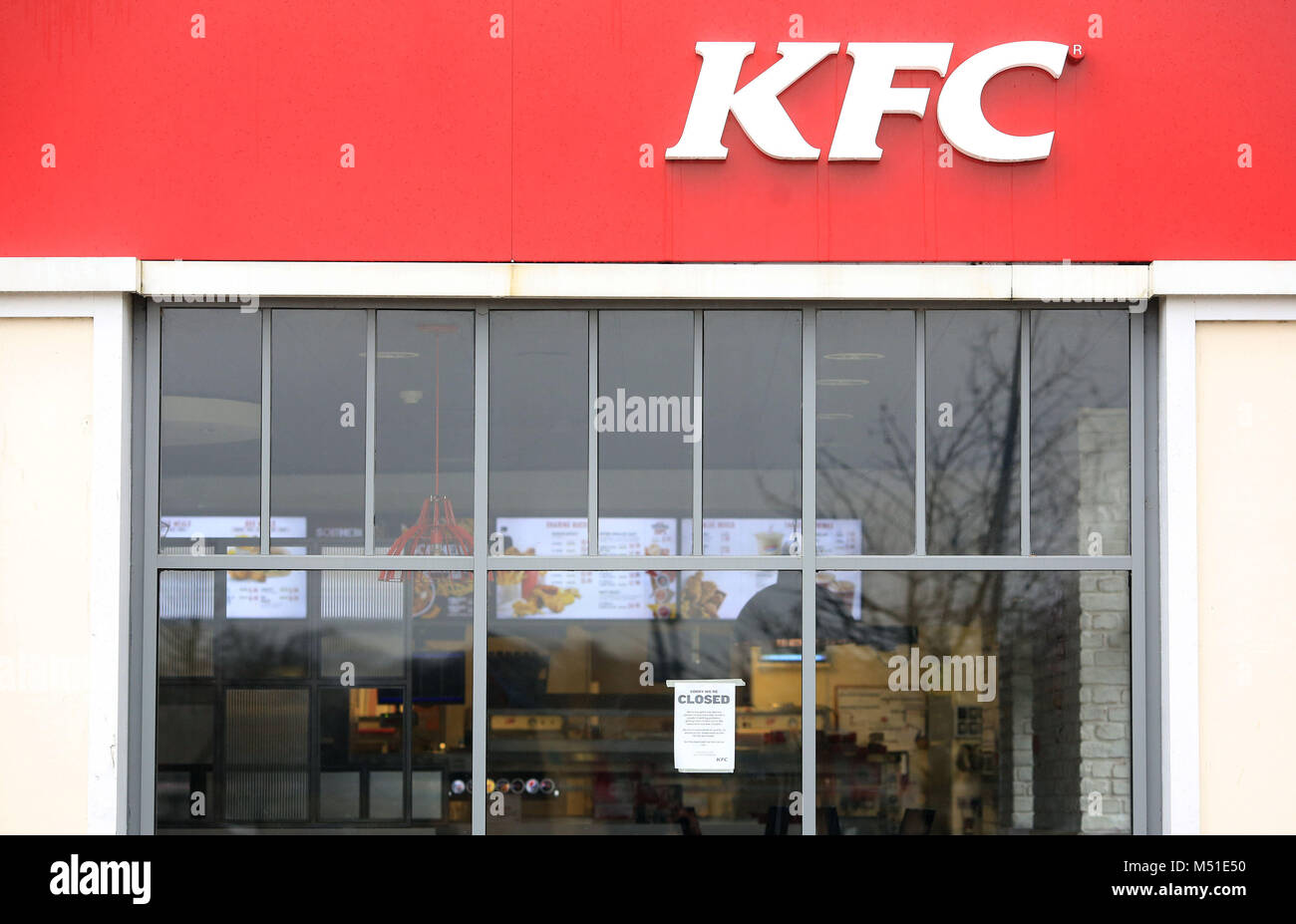 A closed sign in the window of a KFC restaurant near Ashford, Kent, as ...
