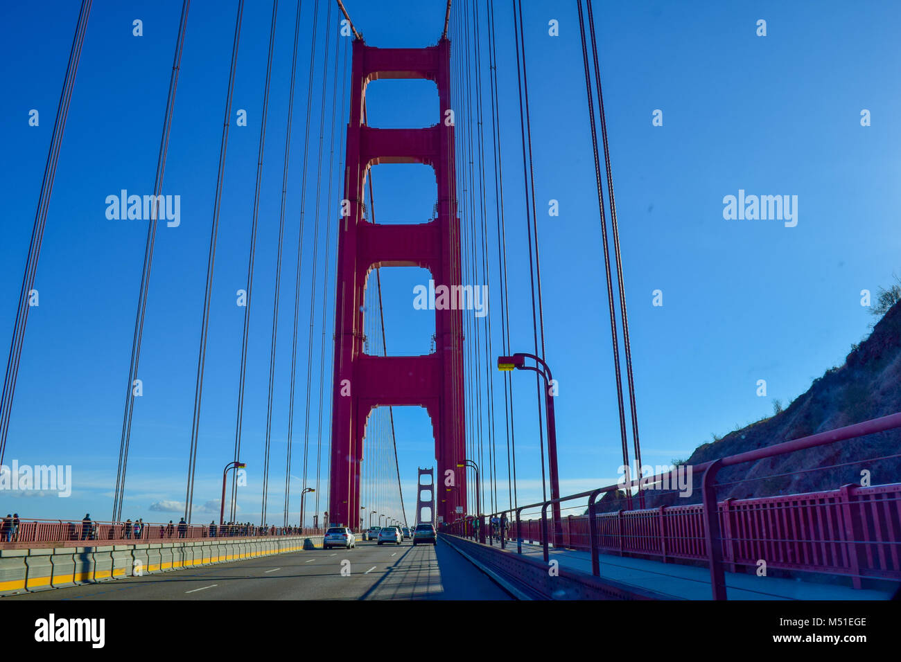 Driving over the Golden Gate Bridge, view directly from the Golden Gate ...