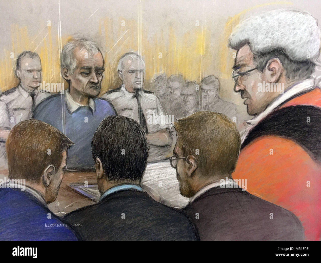 Court artist sketch by Elizabeth Cook showing victims looking on from ...
