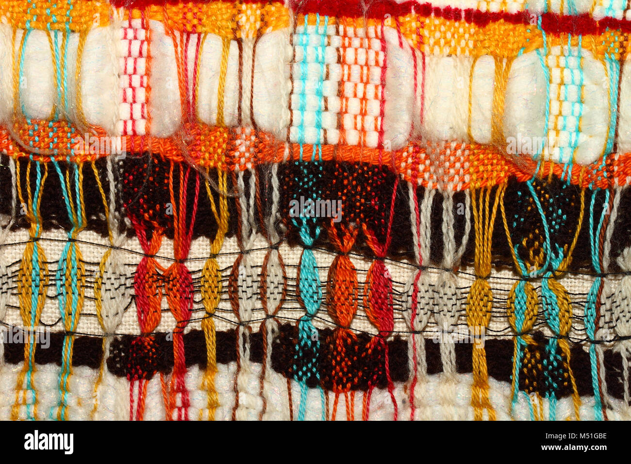 Textured woollen woven piece of material in bright colourful colours ...