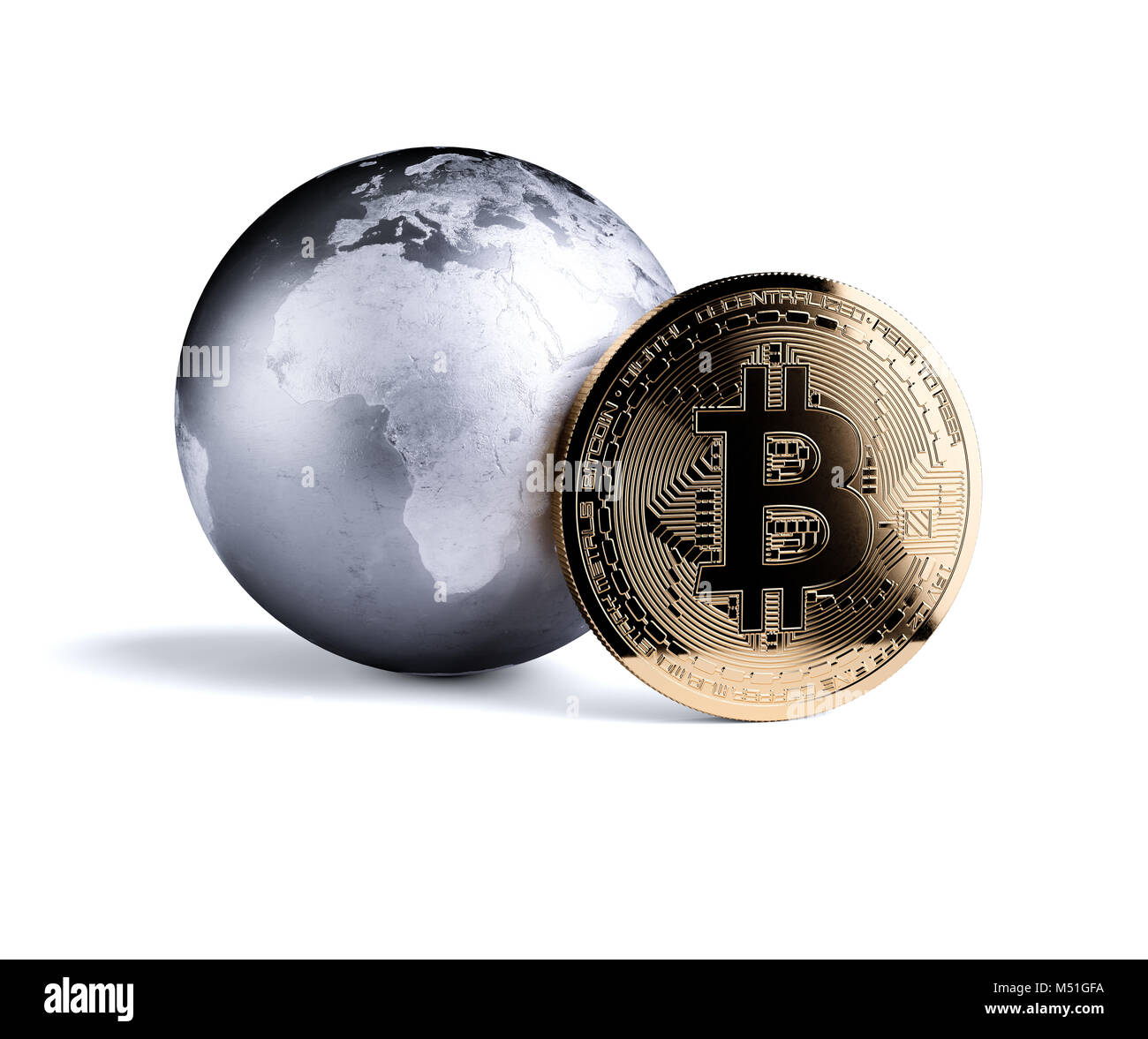 Bitcoin golden coin with metal planet Earth. Concept cryptocurrency in ...