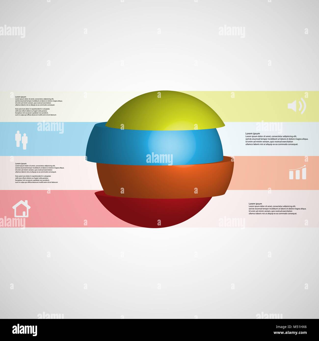 3D illustration infographic template with motif of sliced ball to four ...