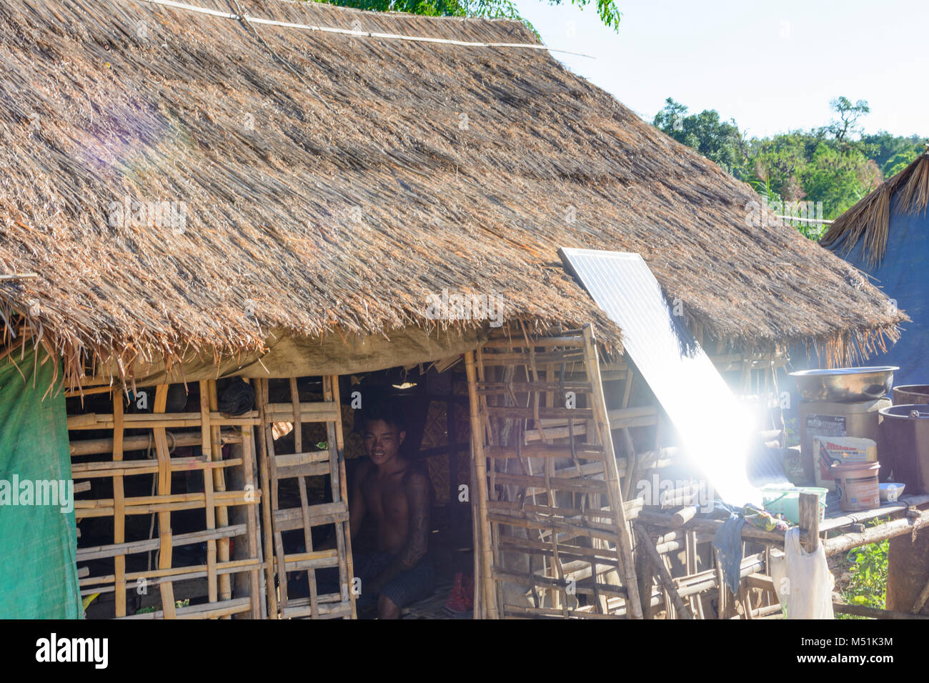 Hsipaw: bamboo and straw hut, solar paneel, , Shan State, Myanmar ...