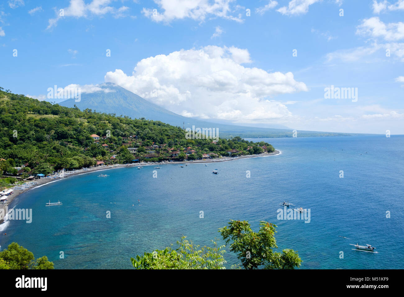 Jemeluk Beach and Gunung Agung volcano seen from Jemeluk Viewpoint ...