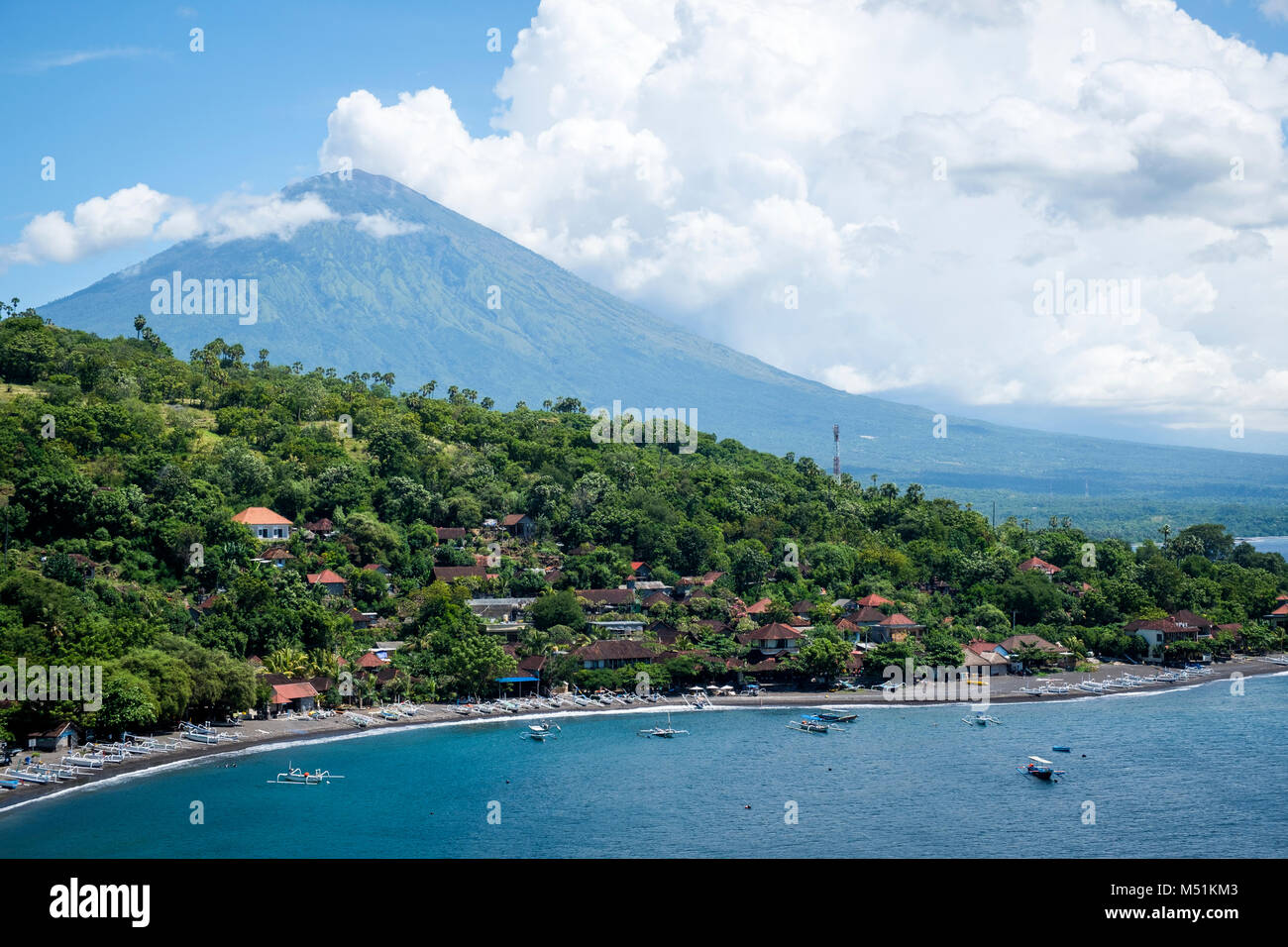 Jemeluk Beach and Gunung Agung volcano seen from Jemeluk Viewpoint ...
