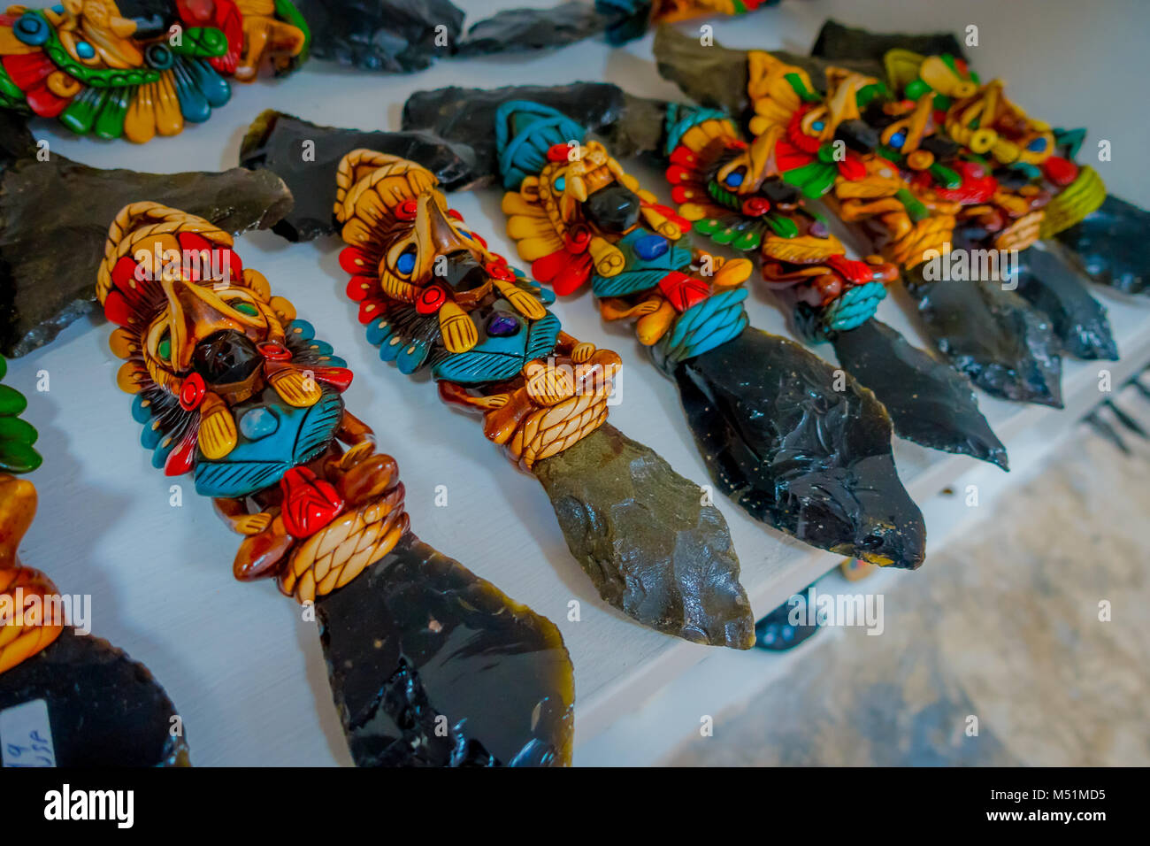 CHICHEN ITZA, MEXICO - NOVEMBER 12, 2017: Close up of colorful Mayan ...