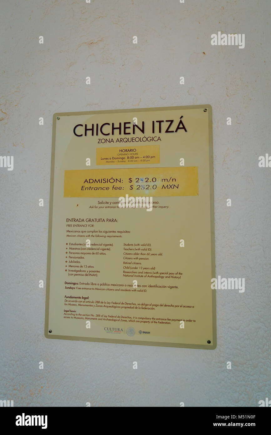 CHICHEN ITZA, MEXICO - NOVEMBER 12, 2017: Informative sign of entrance ...