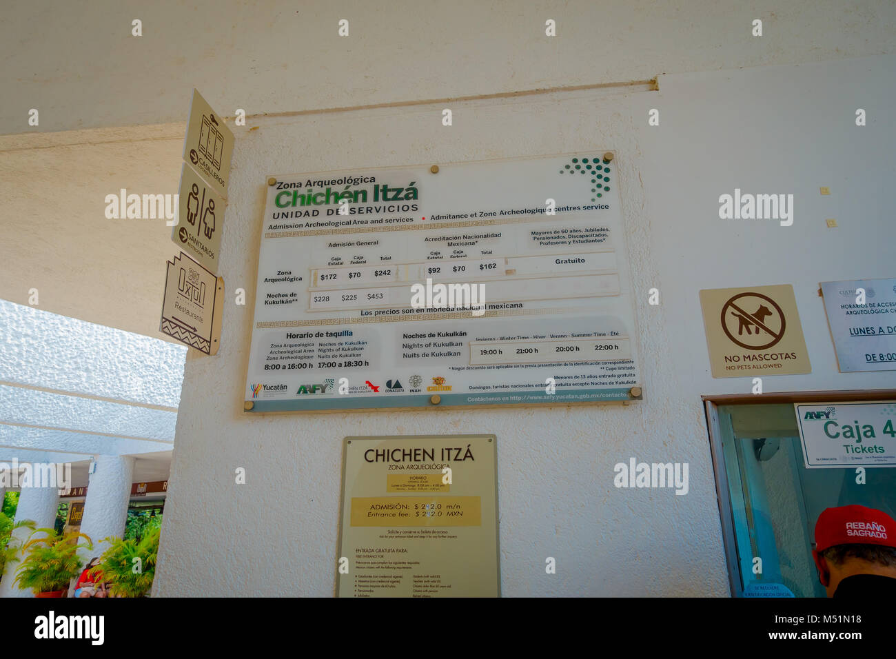 CHICHEN ITZA, MEXICO - NOVEMBER 12, 2017: Informative sign with some ...