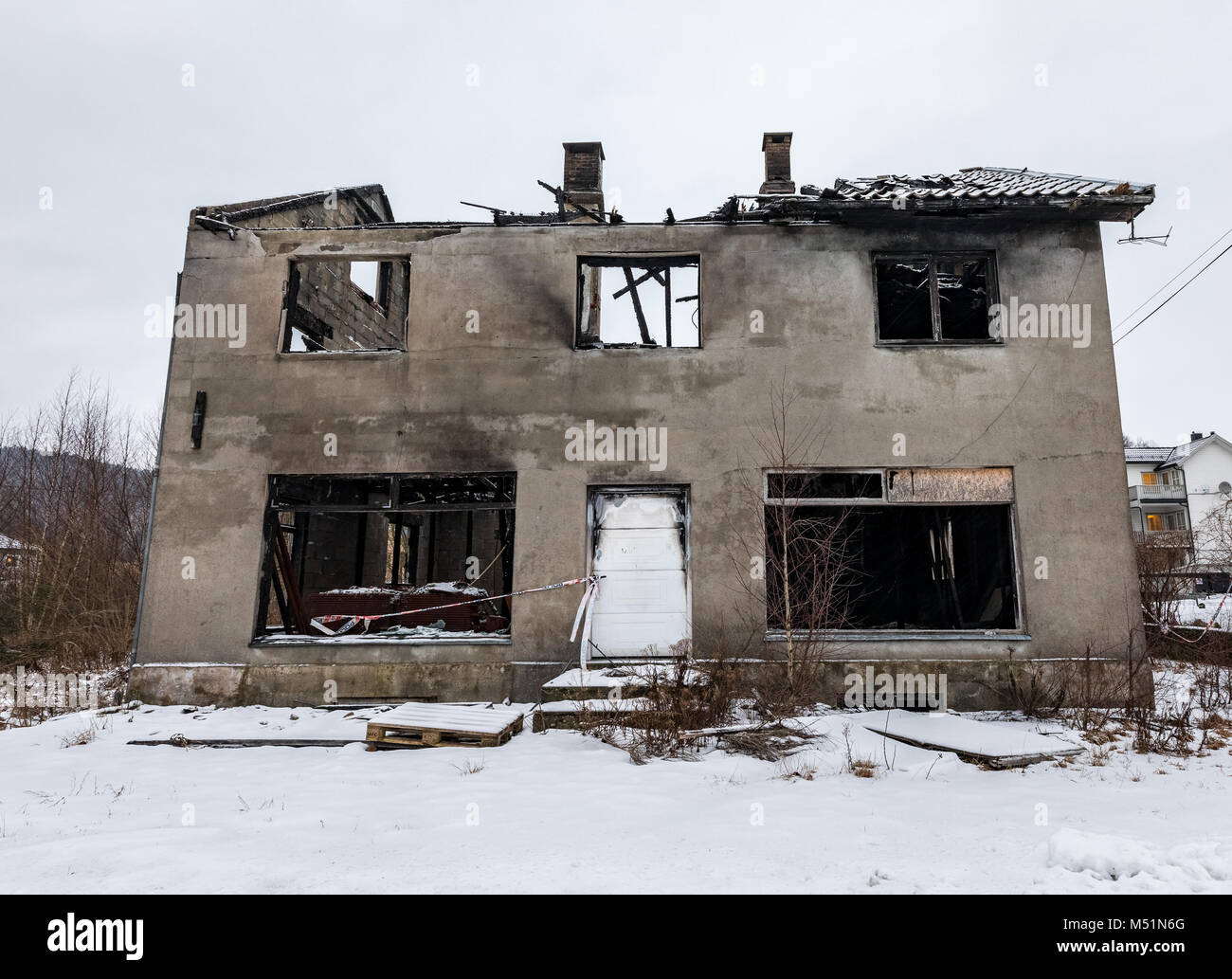 Lyngdal, Norway - january 2018: Broken burned concrete building in ...