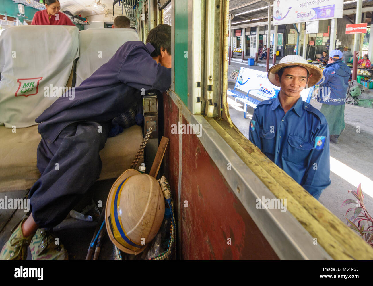 Hsipaw: Hsipaw train station, worker going upper class, , Shan State ...