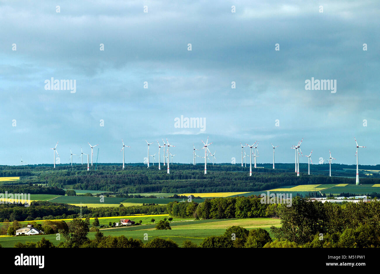 Wind turbine farm in valley in Germany - renewable, sustainable and ...