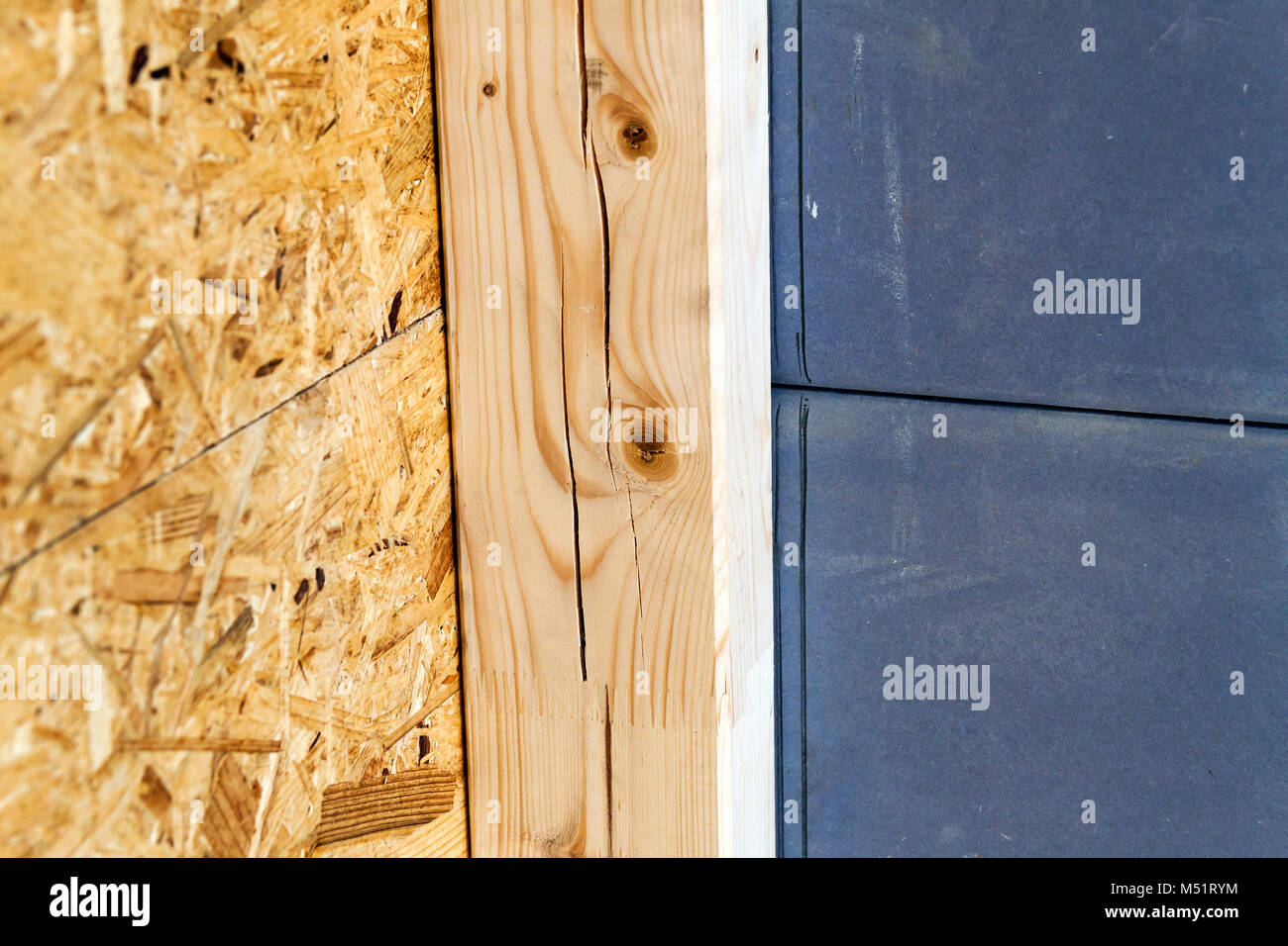 Close up detail of house construction wooden wall elements. Interior ...
