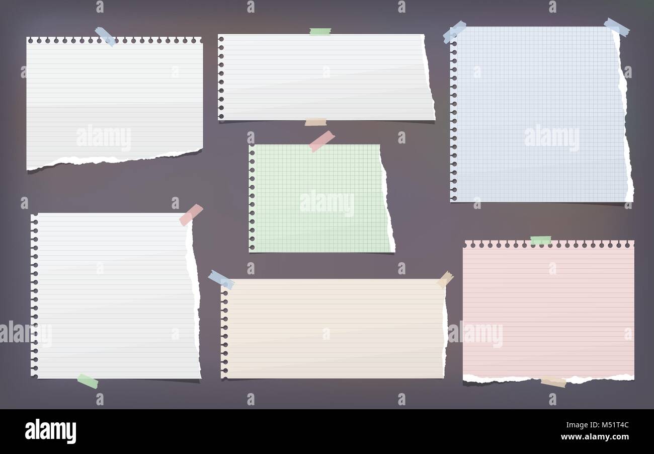 White and colorful torn, lined, and squared note, notebook paper strips ...