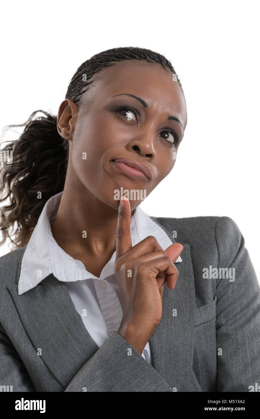 African business woman thinking expression portrait isolated on white ...