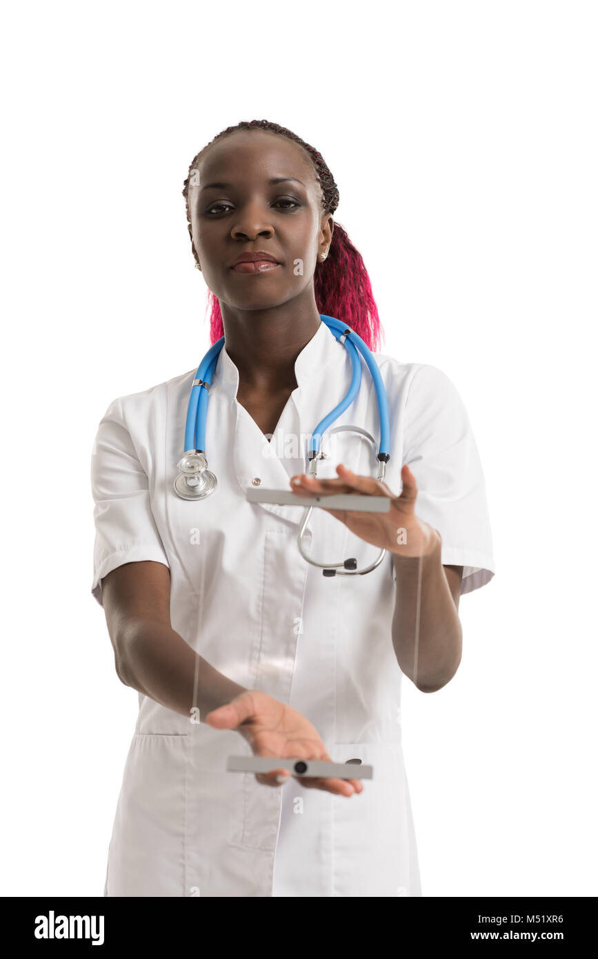 Portrait of african woman doctor holding futuristic tablet computer ...
